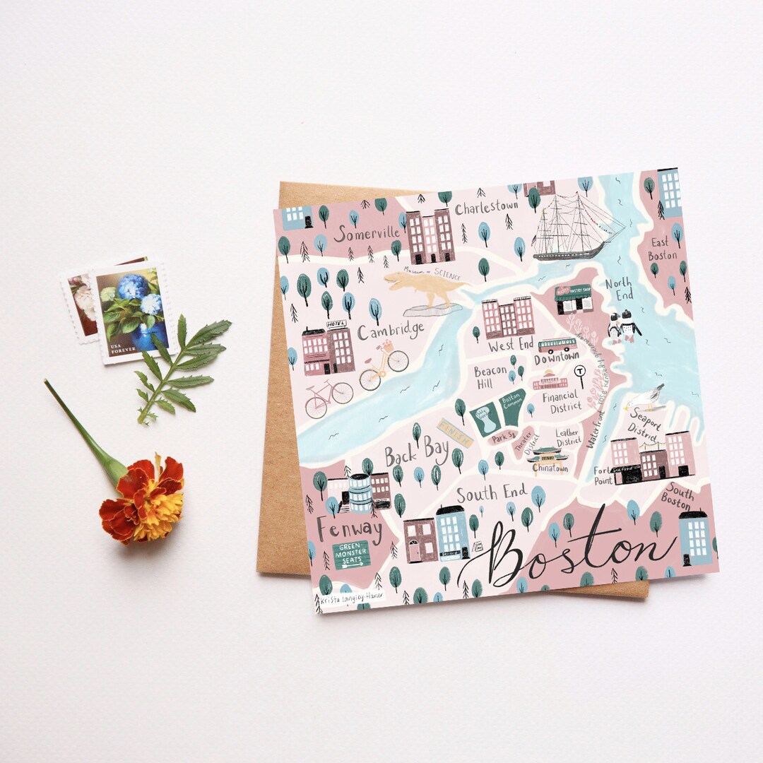 Map of Boston Card, Love Boston, You're My Home, Cambridge, Back Bay ...