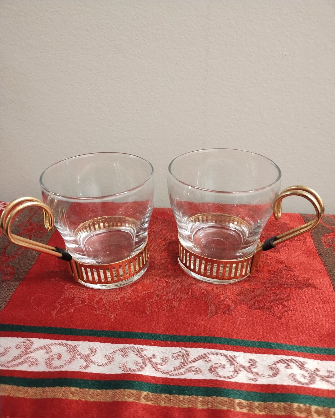 Pair Of Vintage Glass Tea Mugs With Metal Handlesbase Etsy