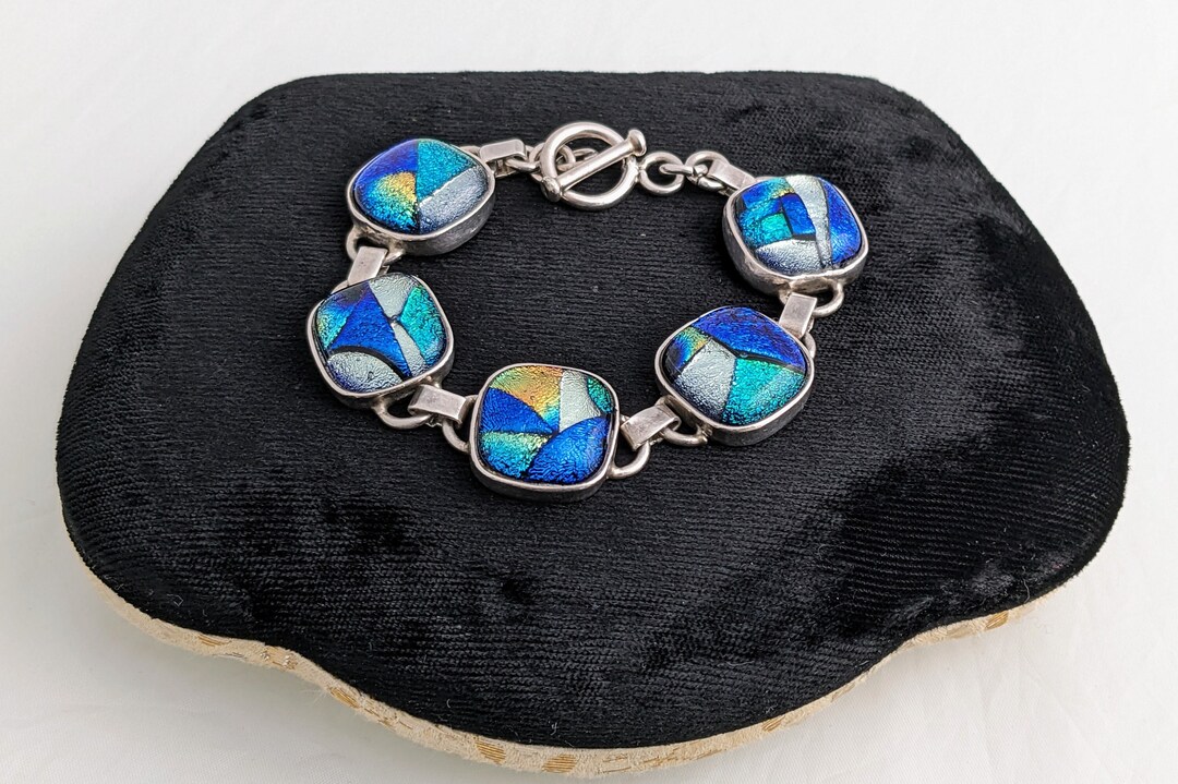 Sterling Silver Dichroic Glass Panel Bracelet Vintage Art Glass Mexico ...