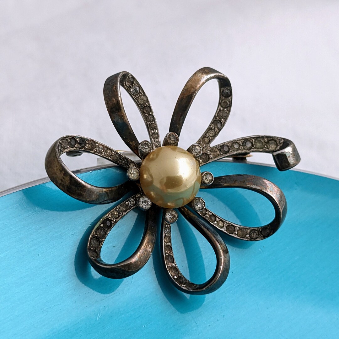 MAZER Sterling Silver Rhinestone BOW Brooch Vintage Signed Faux Pearl ...