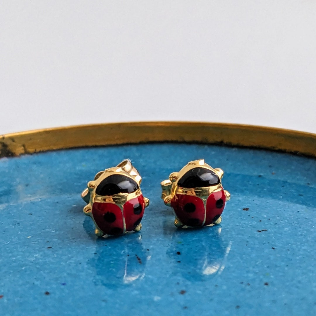 Ladybug Studs 18K Gold Enamel Ladybug Earrings Vintage Italian Gold Ladybug Stud Earrings Insect ...