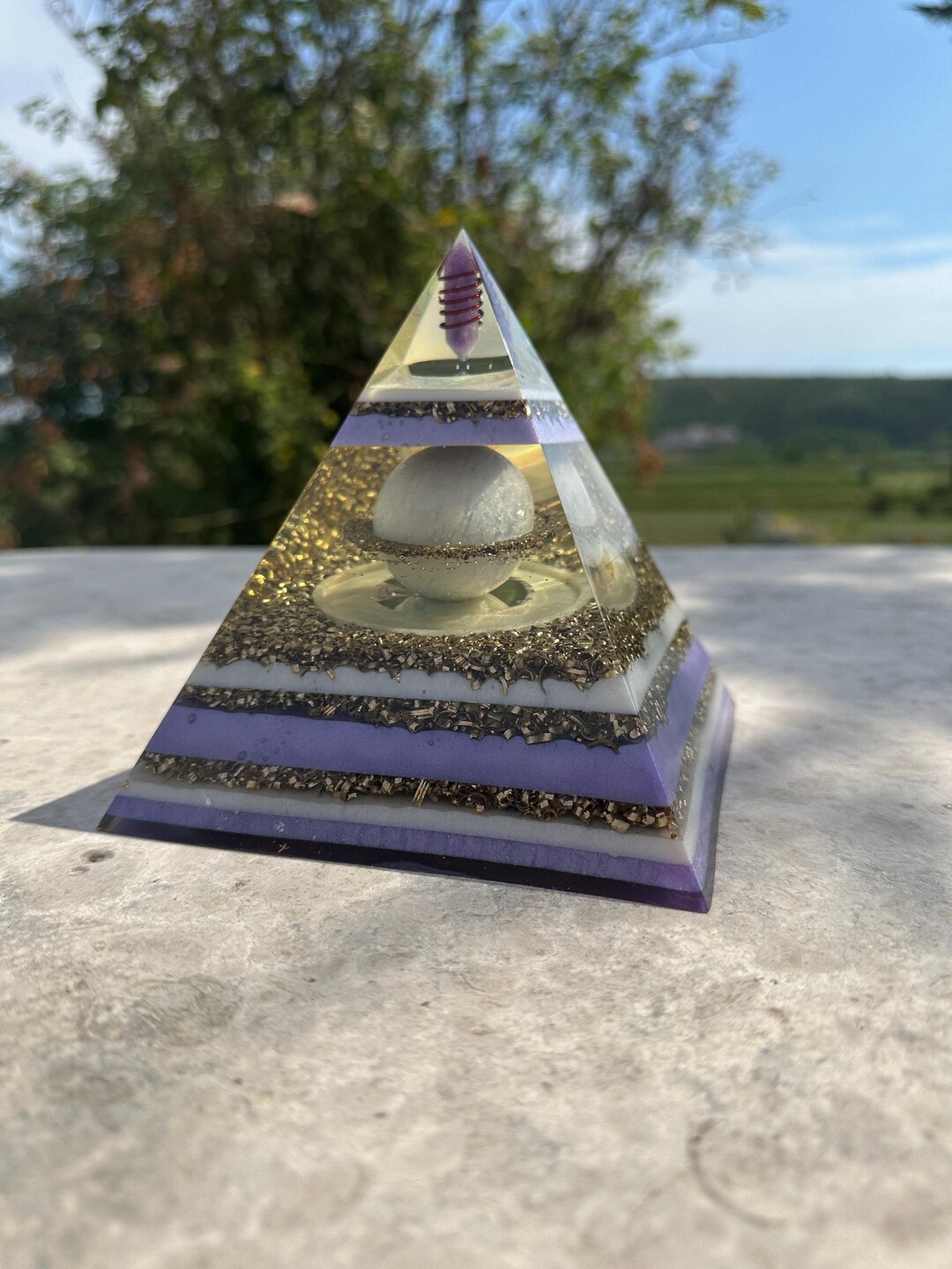 Large Orgone Pyramid With Amethyst, Blue Calcite, and the Symbol of the ...