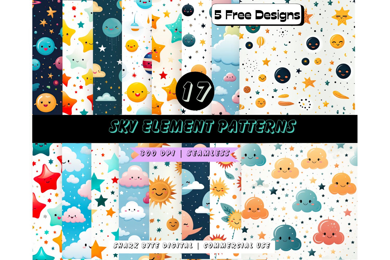 Celestial Sky Elements Digital Seamless Patterns Sun Clouds Planets ...
