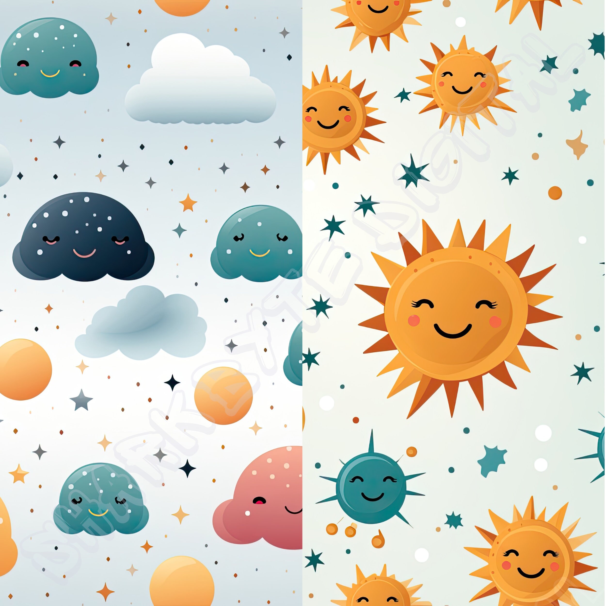 Celestial Sky Elements Digital Seamless Patterns Sun Clouds Planets ...