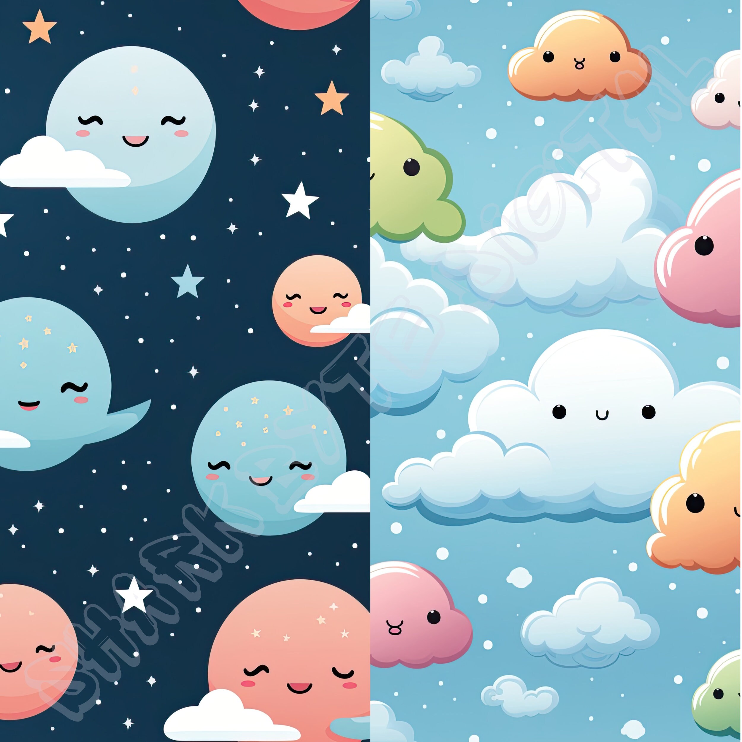 Celestial Sky Elements Digital Seamless Patterns Sun Clouds Planets ...