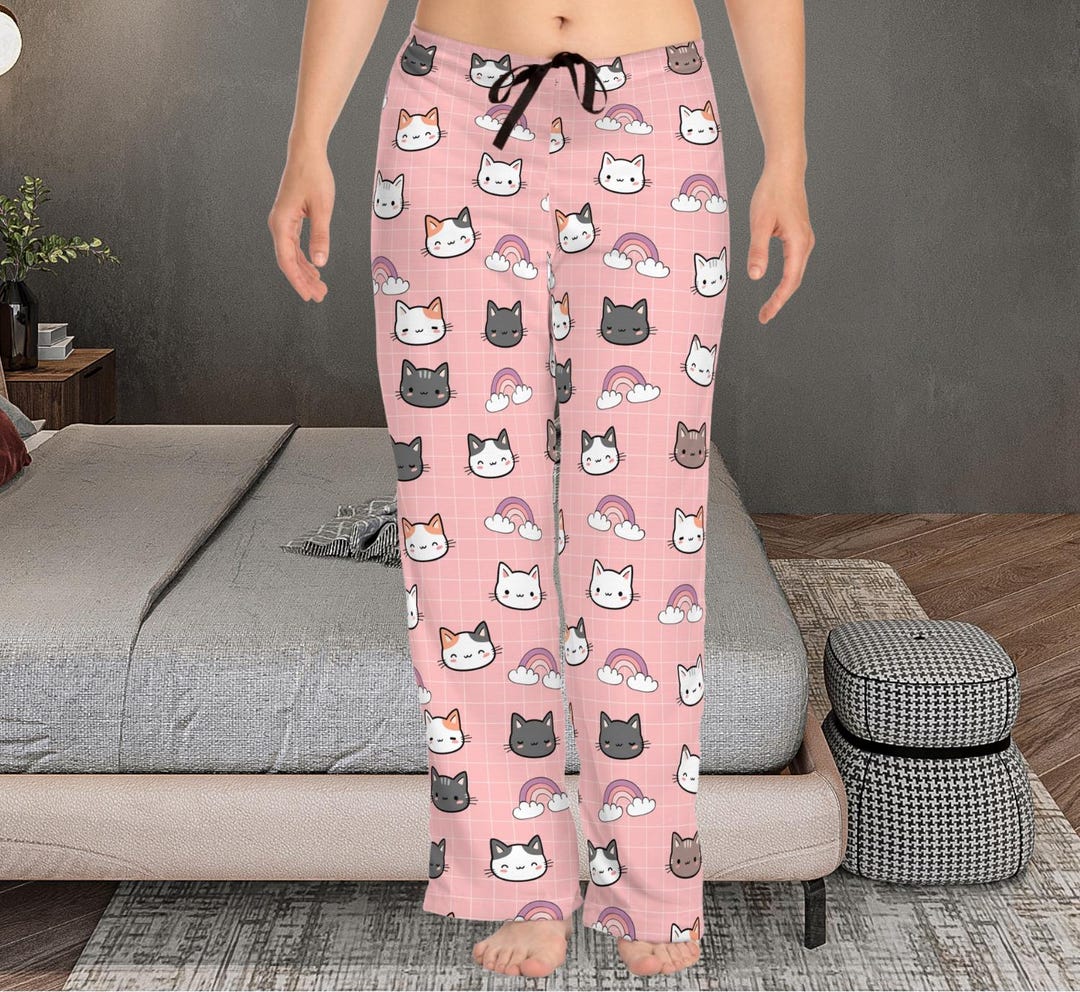 Cute Cat Pajama Pants, Kawaii Cat Sleepwear for Women and Teens, Pink ...