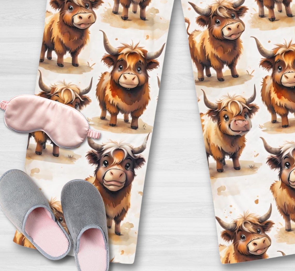 Highland Cow Pajama Bottoms, Cute Farm Animal Sleepwear for Teens, Cozy ...