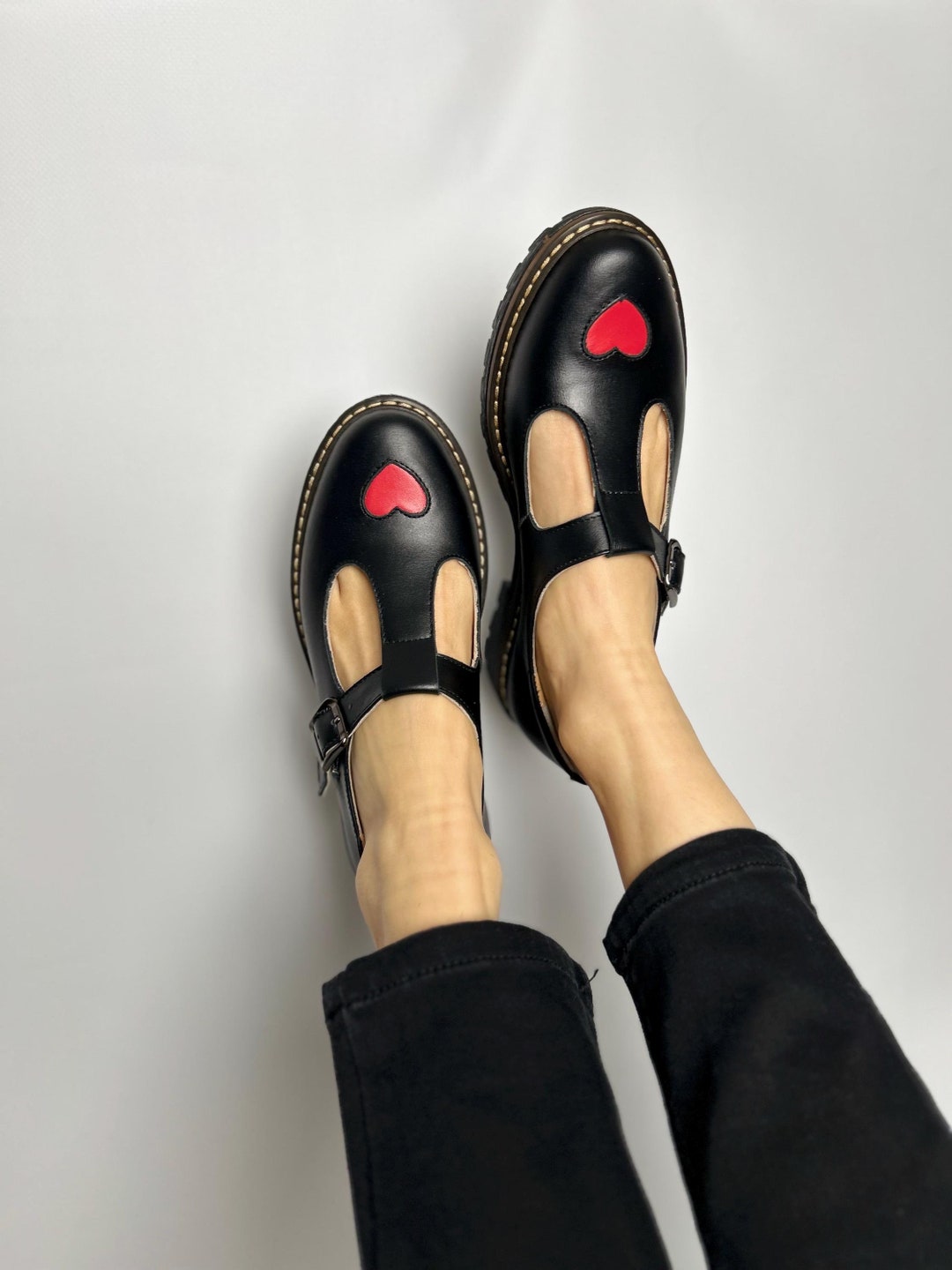 Black Leather Mary Janes With Heart: Heart T-strap Shoes - Etsy