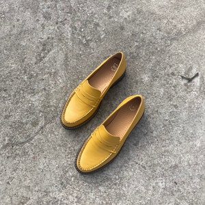 Yellow Leather Penny Loafers: Classic Women's Flat Shoes - Etsy