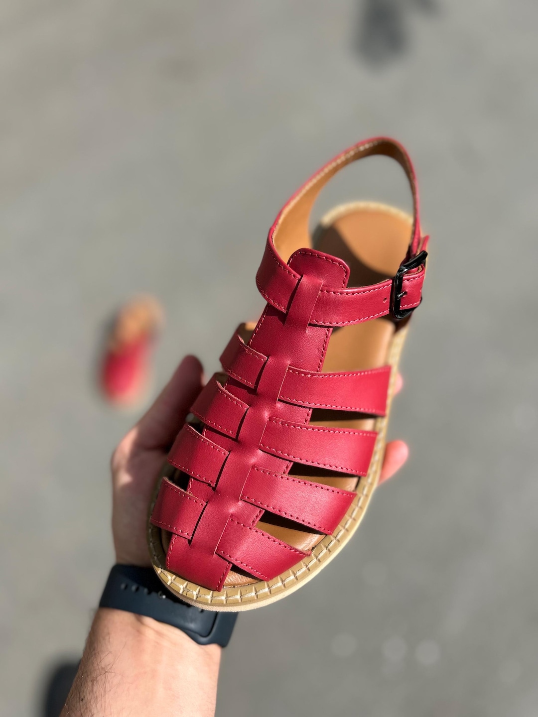 Red Leather Fisherman Sandals: Closed Toe Summer Gladiators - Etsy
