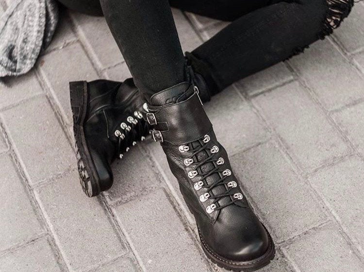 Women Military combat boots brutal black leather high lace-up | Etsy