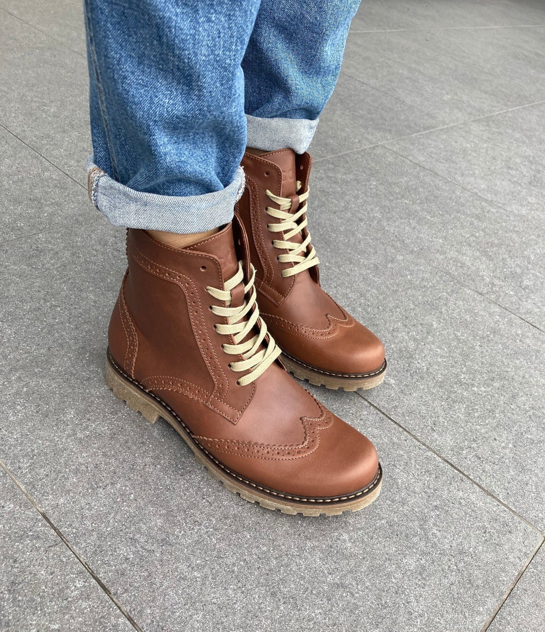 Brown Leather Brogue Boots: Women's Winter Shoes - Etsy
