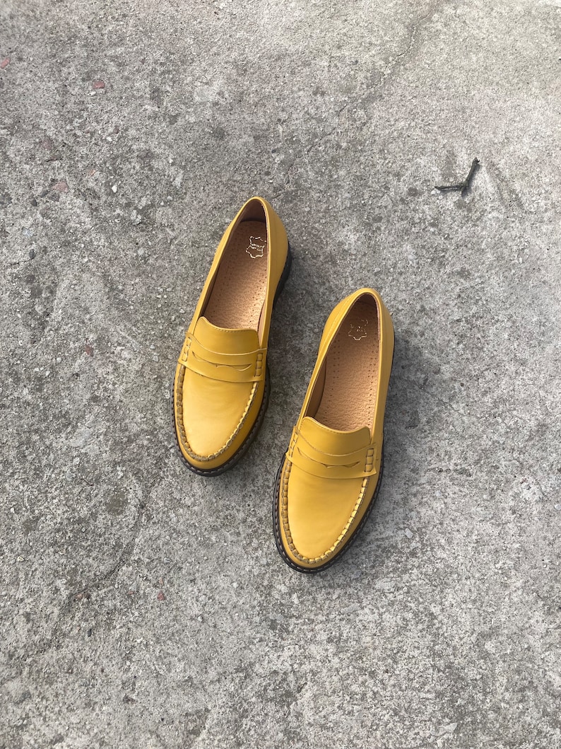 Yellow Leather Penny Loafers: Classic Women's Flat Shoes - Etsy