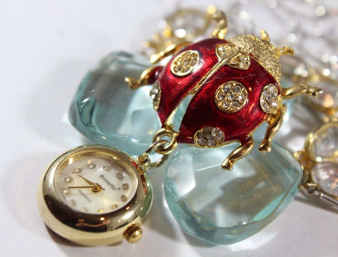 Vintage Gold Tone Bonetto Clear Rhinestone Enamel Red Ladybug With ...