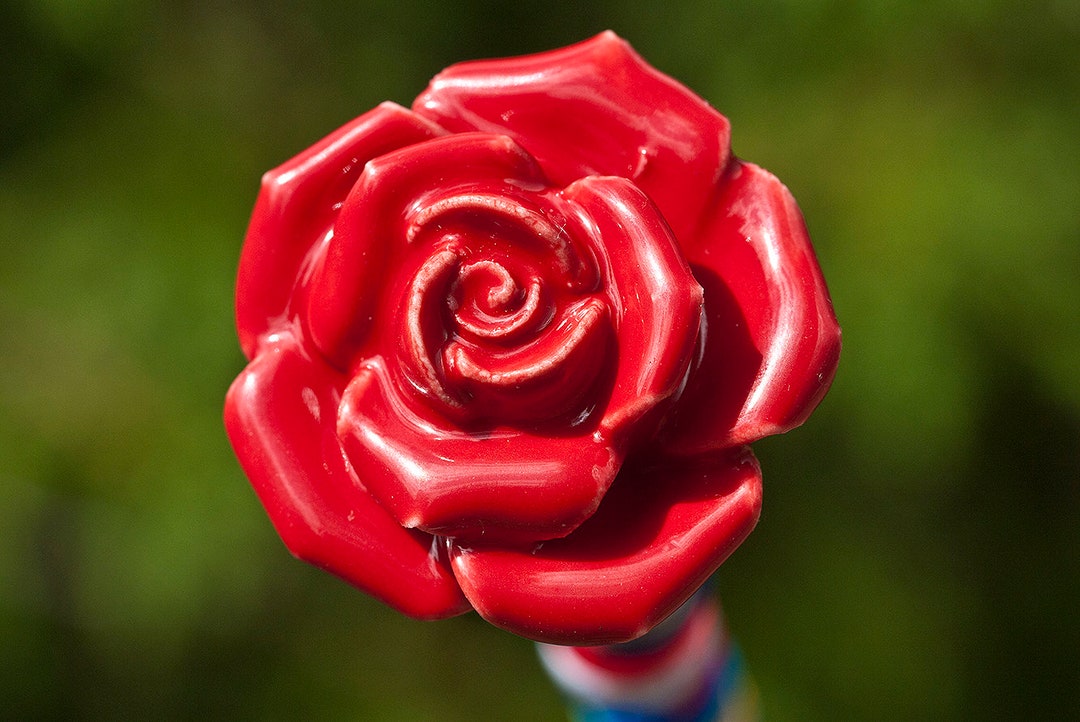 Red Porcelain Rose Topper Beaded Garden Stake 13", Fairy Garden Wand ...