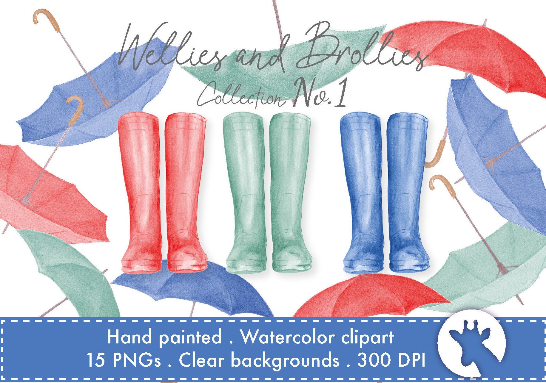 Rain Boots Wellies Watercolor Clipart Gum Boots Umbrellas | Etsy UK