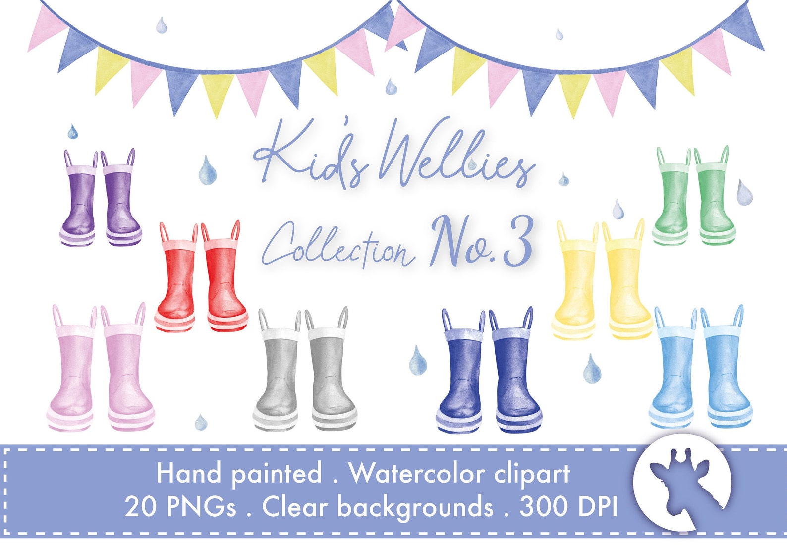 Kid's Wellies Gum Boots Watercolor Clipart and Raindrops. Hand Painted ...