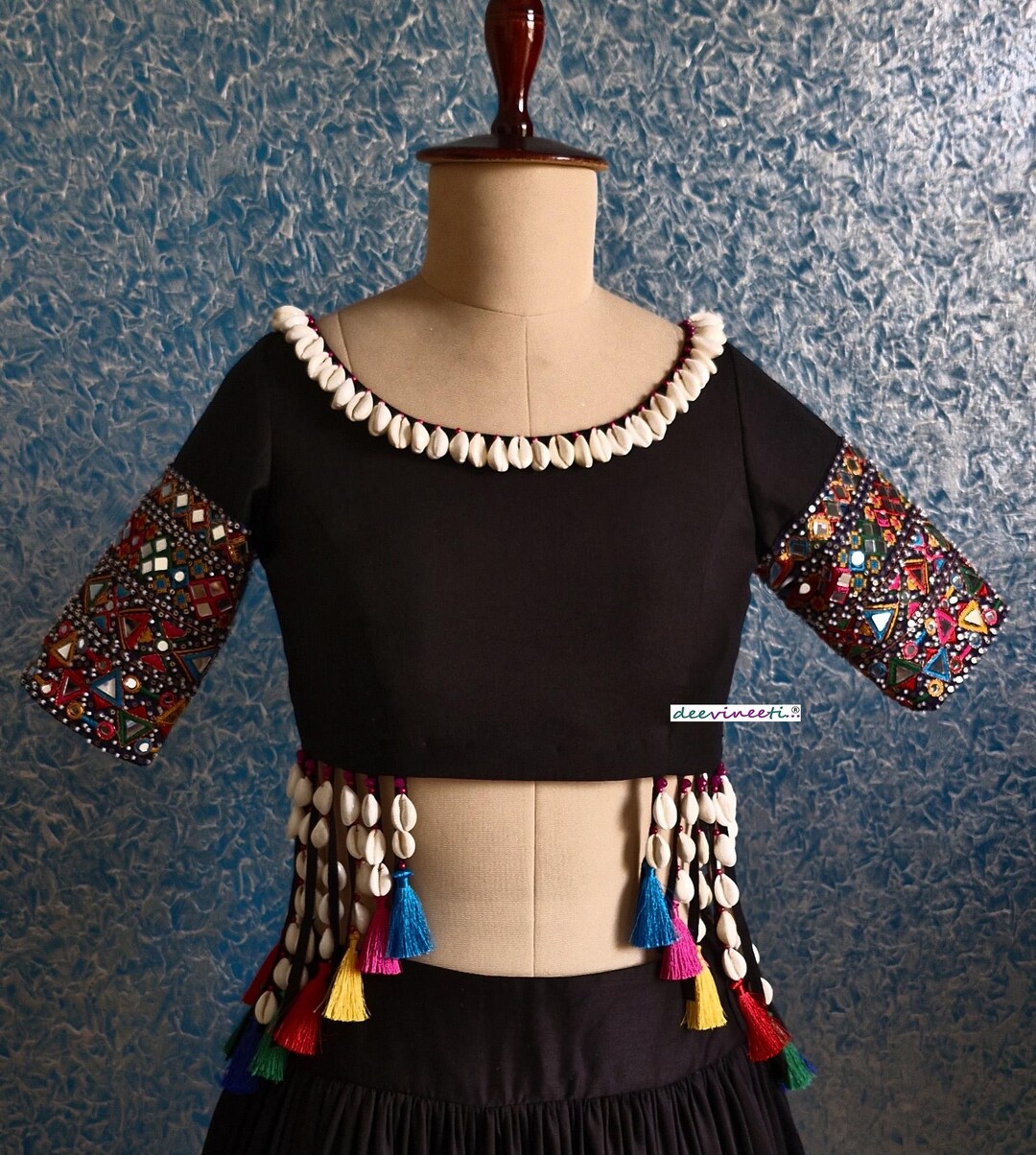 Black Modal Cotton Dandiya Blouse: Mirror Embroidery, Made-to-order ...