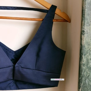 Made to Order Indian Navy Blue Satin Saree Lehenga Blouse Deep V Neck ...