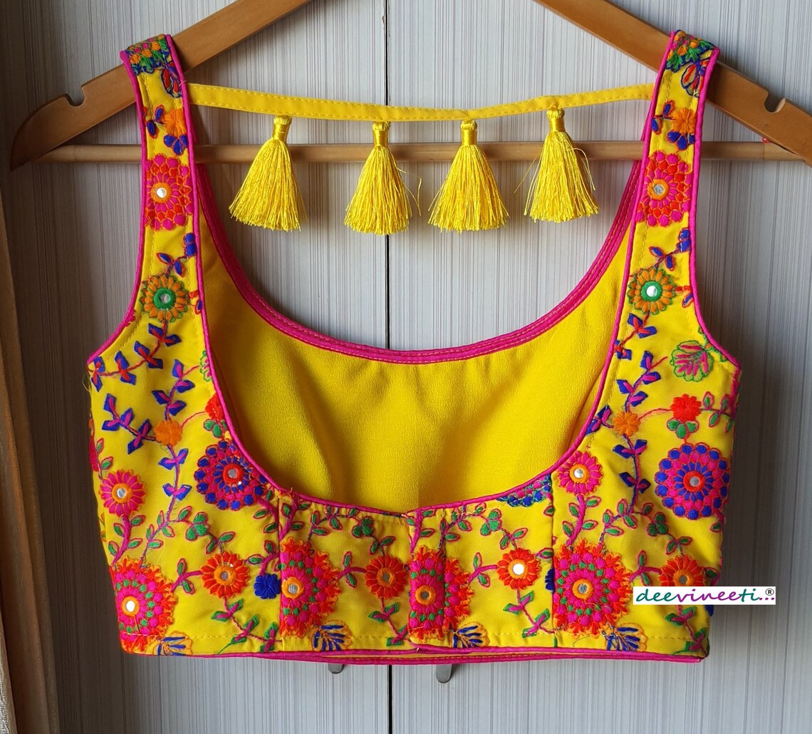 Made to Order Indian Thread Embroidered Yellow Georgette Saree - Etsy