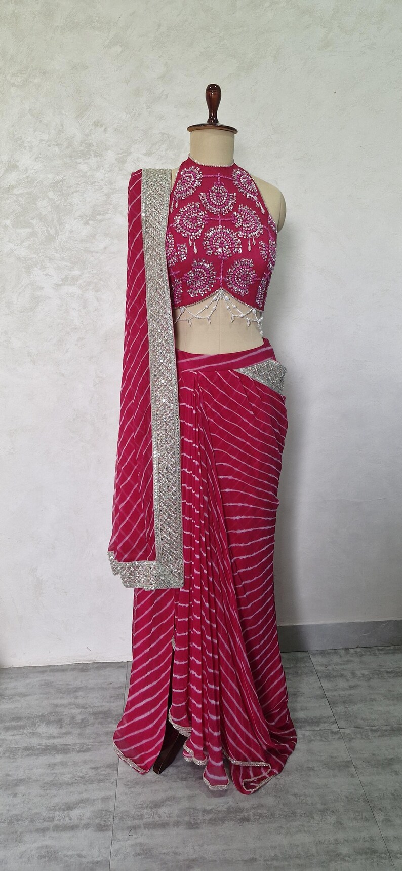 Pink Leheriya Chiffon Draped Saree Skirt With Hand Embroidered Blouse ...