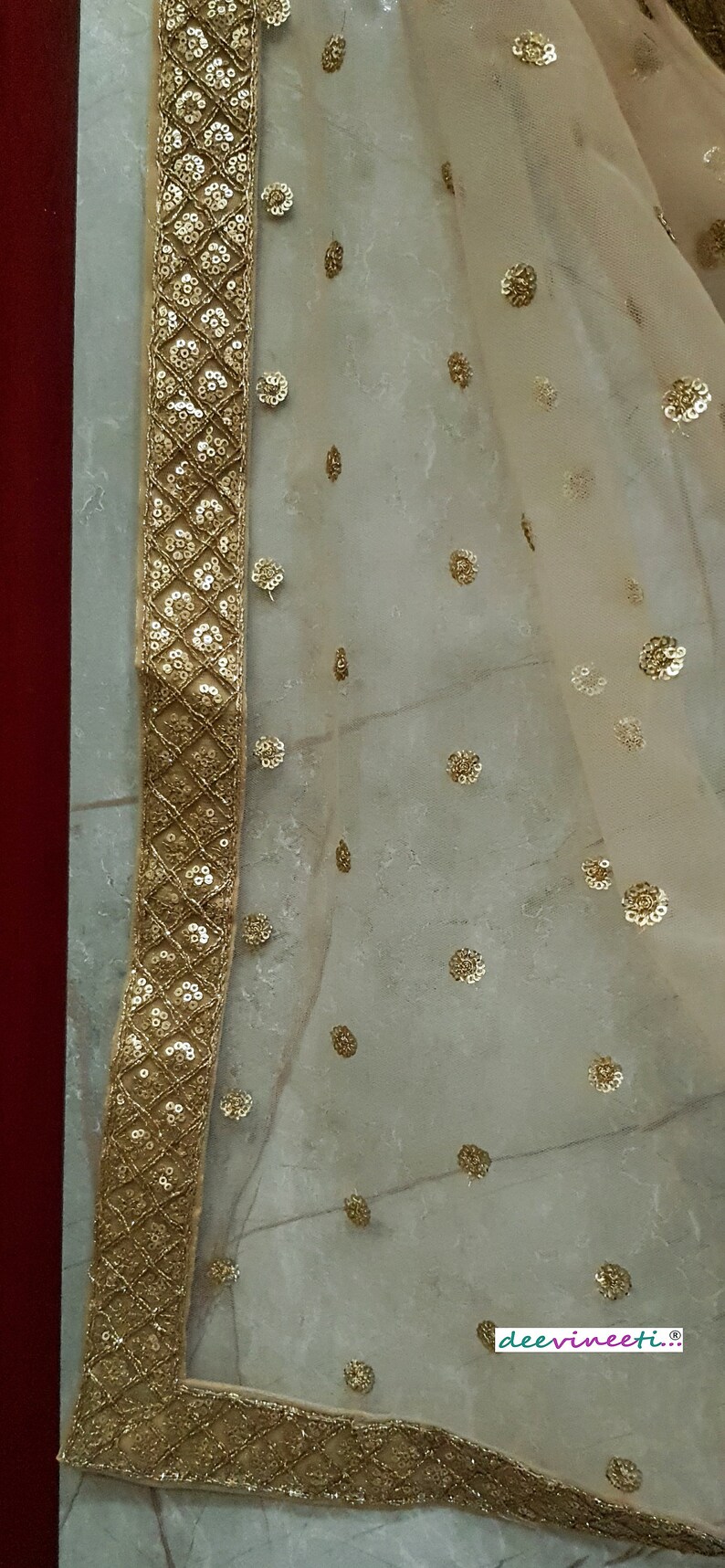 Indian Net Embellished Beige Gold Dupatta stole With Border - Etsy