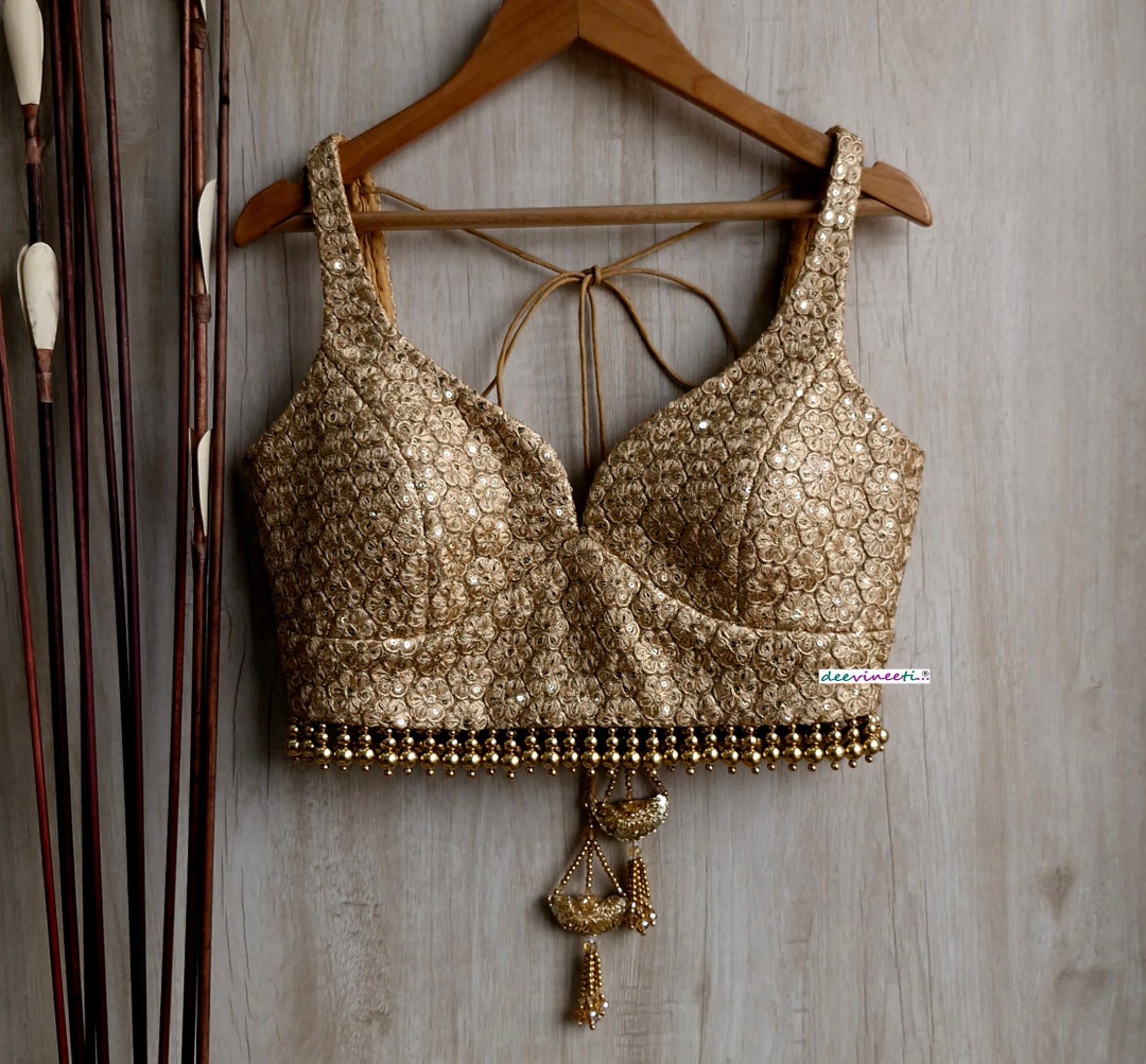 Gold Embroidered Georgette Blouse: Deep Sweetheart Neck, Indian ...