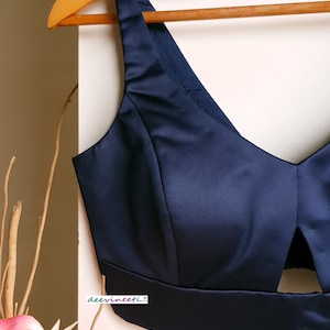 Made to Order Indian Navy Blue Satin Saree Lehenga Blouse Deep V Neck ...