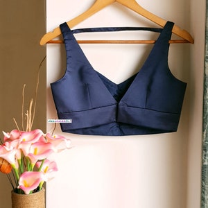 Made to Order Indian Navy Blue Satin Saree Lehenga Blouse Deep V Neck ...