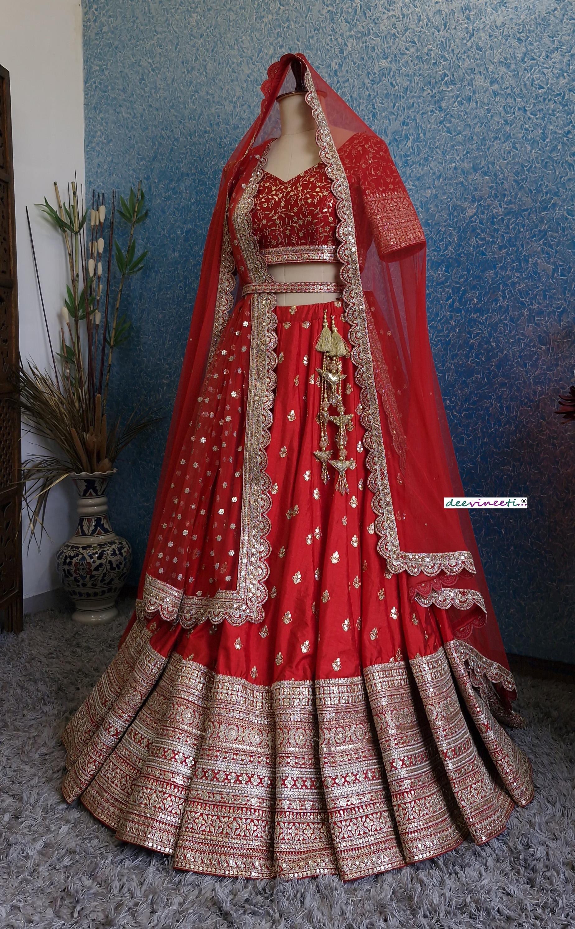 Made to Order Indian Designer Red Embroidered Silk Bridal Lehenga Choli ...