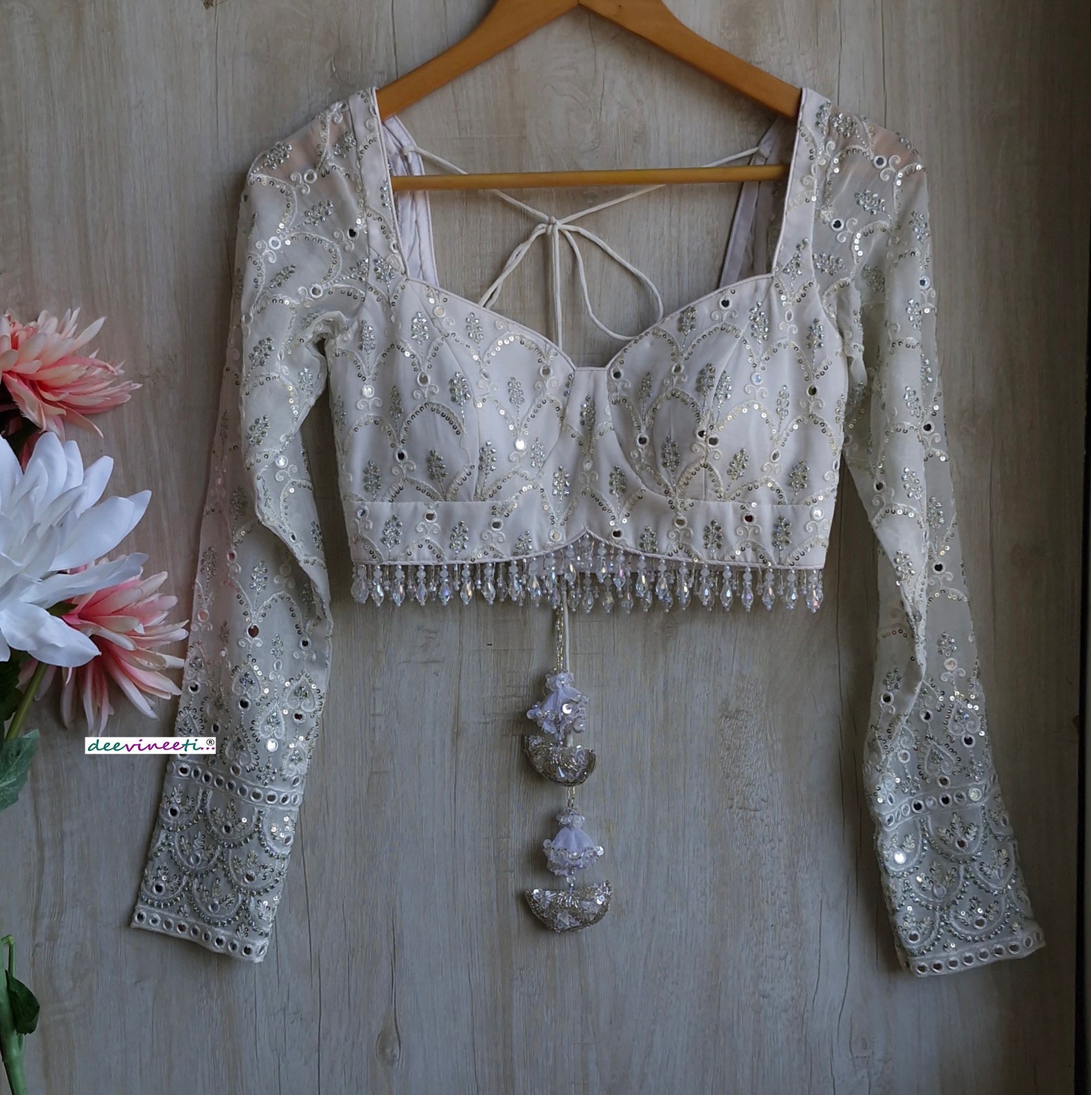 Made to Order Embroidered Georgette Blouse: White and Silver ...