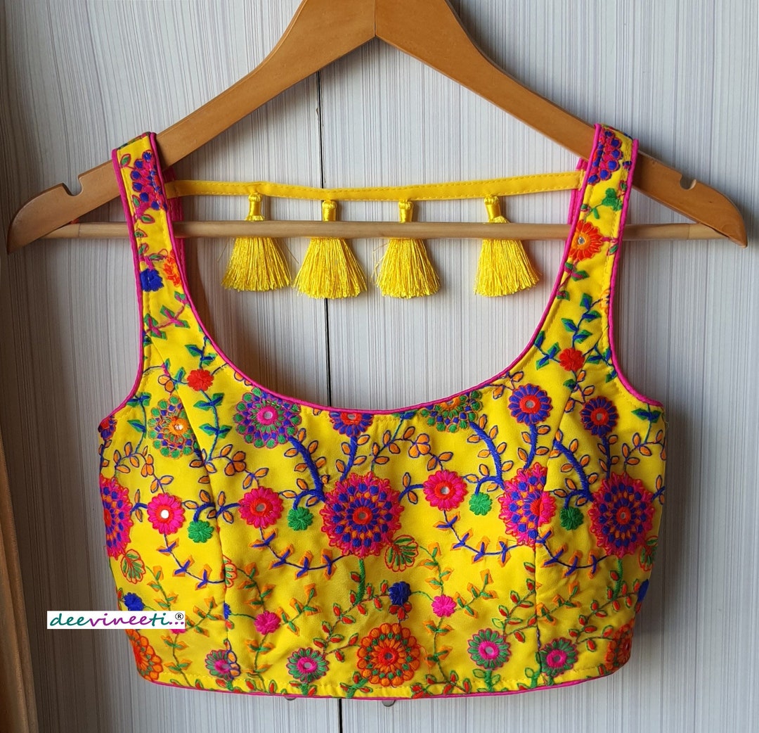 Made to Order Indian Thread Embroidered Yellow Georgette Saree Lehenga ...