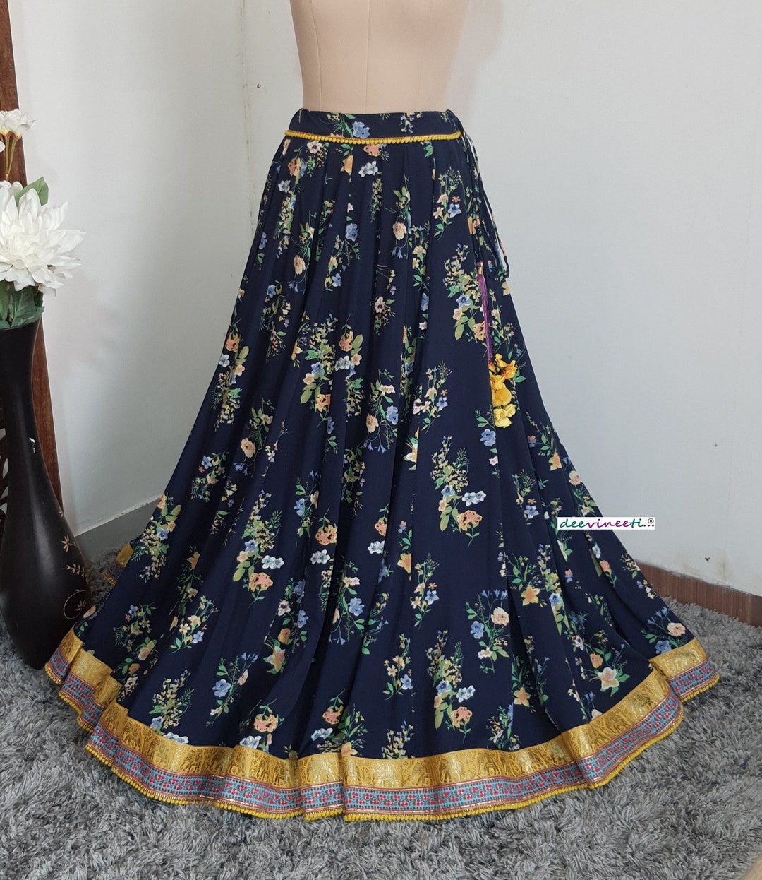 Made to Order Indian Navy Blue Floral Print Polyester Lehenga - Etsy