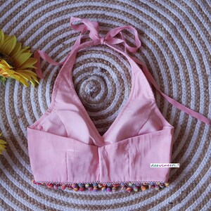 Made to Order Indian Pink Silk Saree Lehenga Blouse Halter Neck DVBL ...