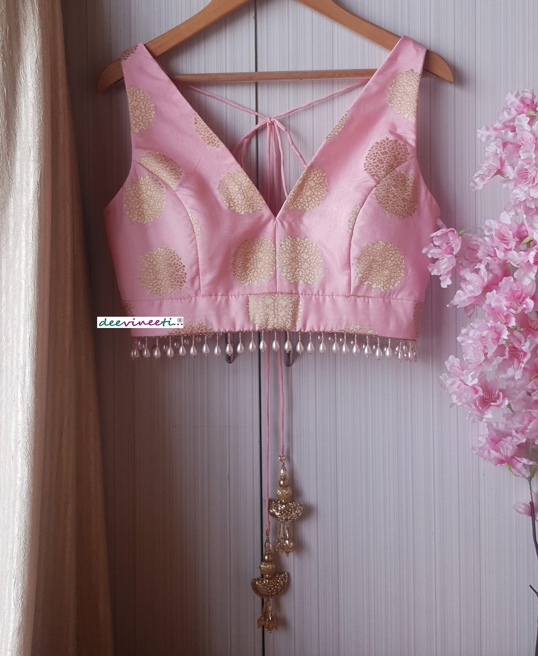 Made to Order Indian Designer Pink Brocade Silk Saree Lehenga Blouse V ...