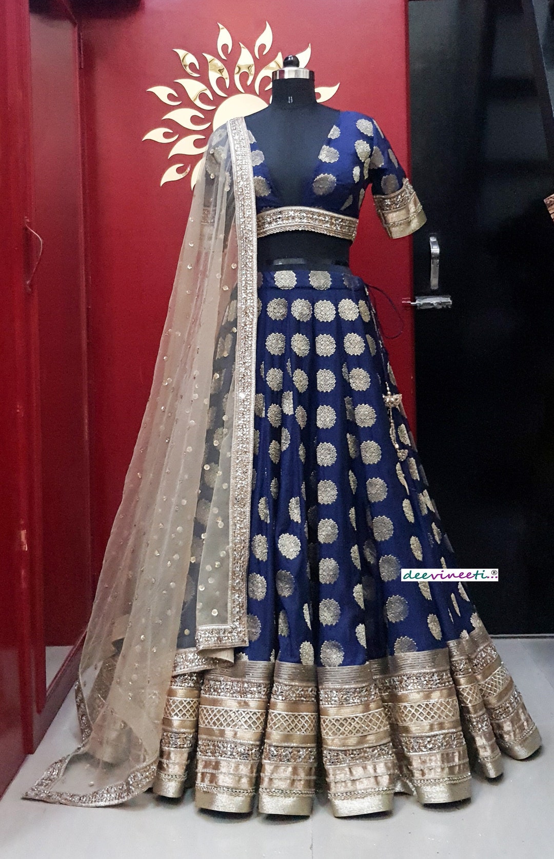 Made to Order Indian Designer Dark Blue Brocade Silk Lehenga Choli - Etsy