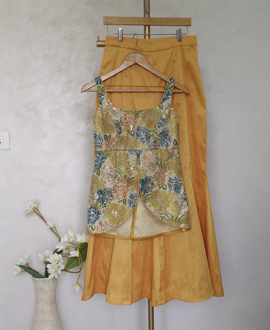 Amber Raw Silk Palazzo Pants Set, Floral Embroidered Peplum Top DVSP ...