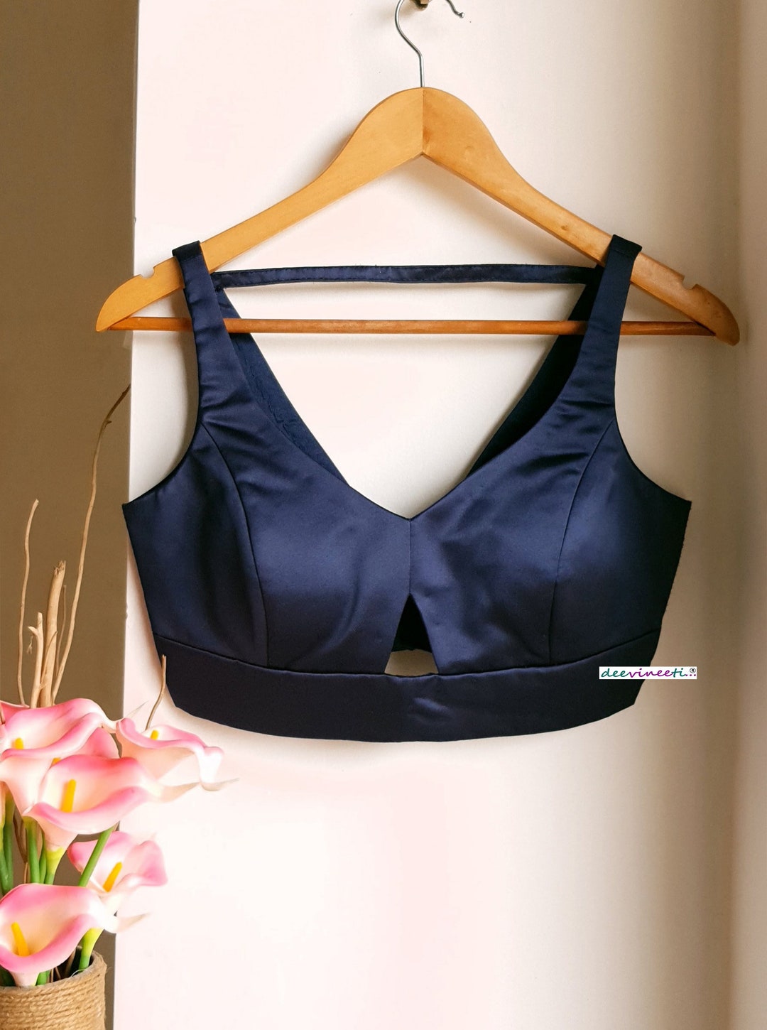 Made to Order Indian Navy Blue Satin Saree Lehenga Blouse Deep V Neck ...