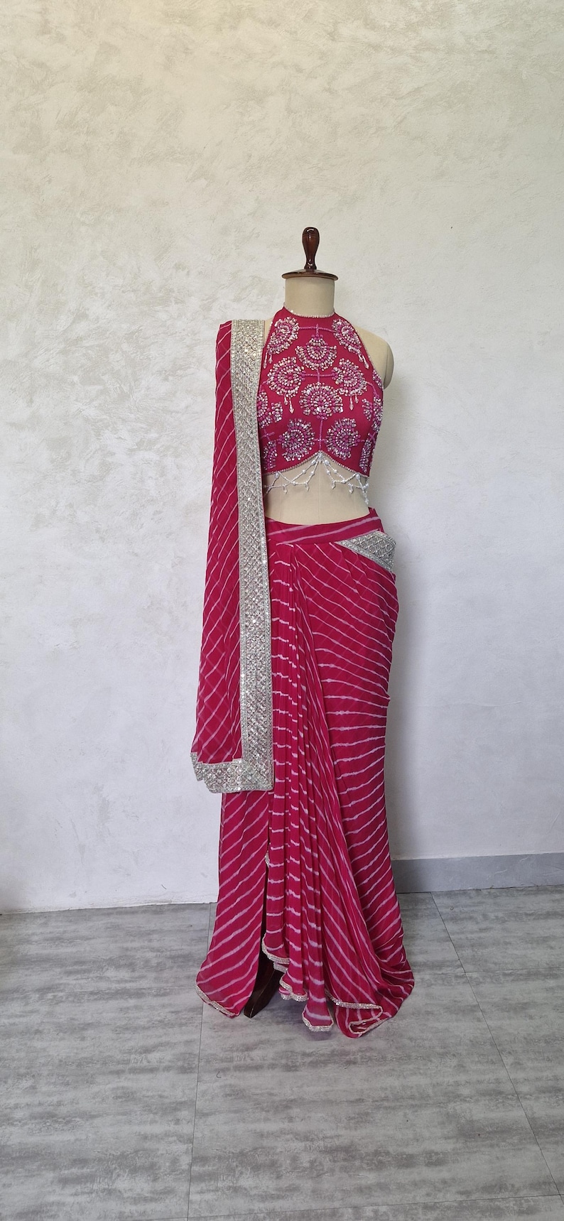 Pink Leheriya Chiffon Draped Saree Skirt With Hand Embroidered Blouse ...