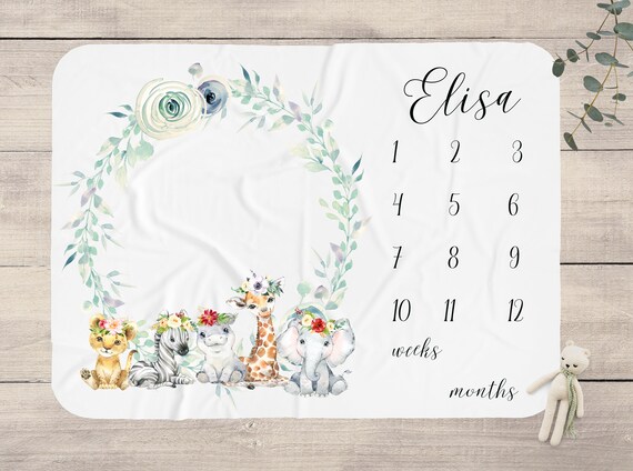 Safari Animals Milestone Blanket Girl Milestone Mat Baby Age | Etsy