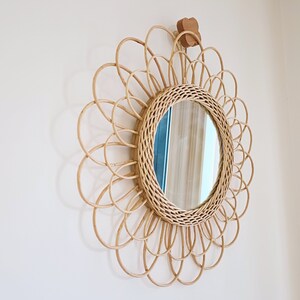 Flower Rattan Boho Wicker Circle Mirror, Bohemian Wall Hanging, Large ...
