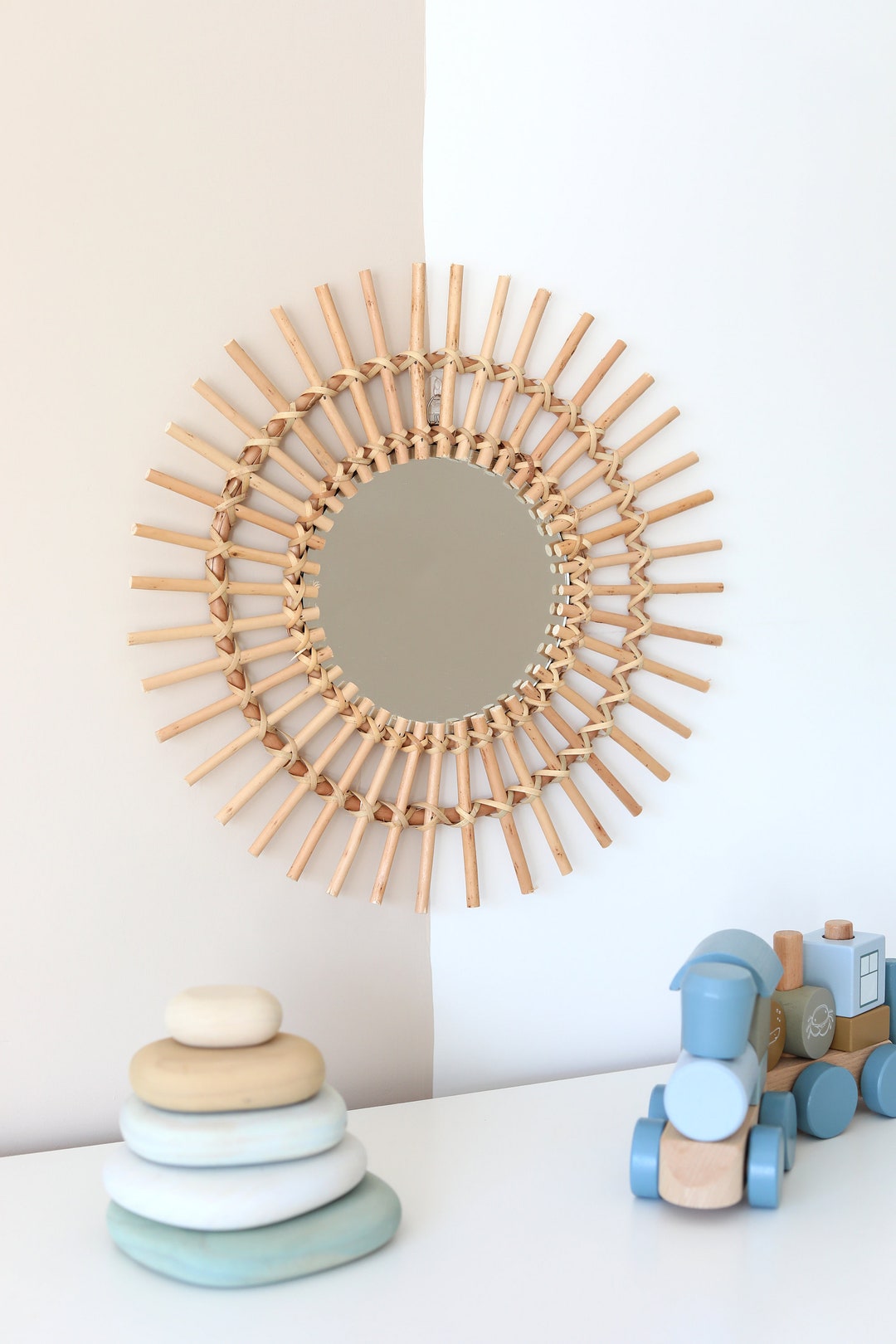 Boho Wicker Circle Mirror, Flower Rattan Wall Hanging, Round Bohemian ...