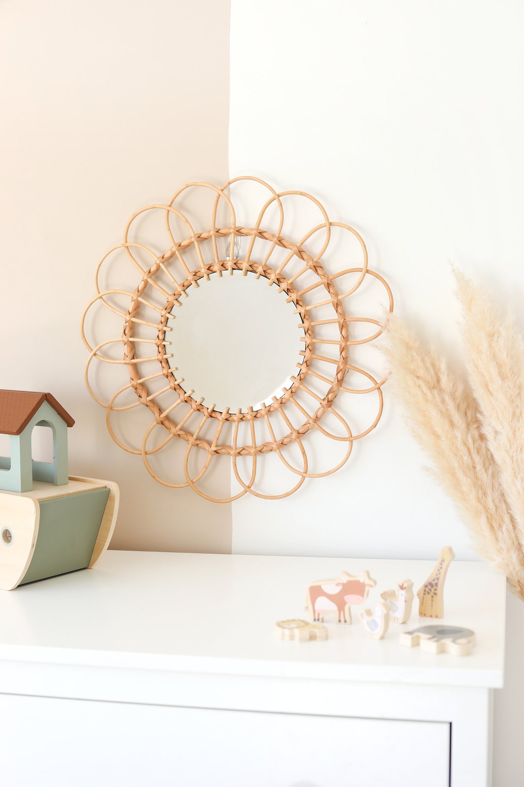 Flower Bamboo Boho Round Mirror, Wooden Frame Vanity Mirror, Floral ...