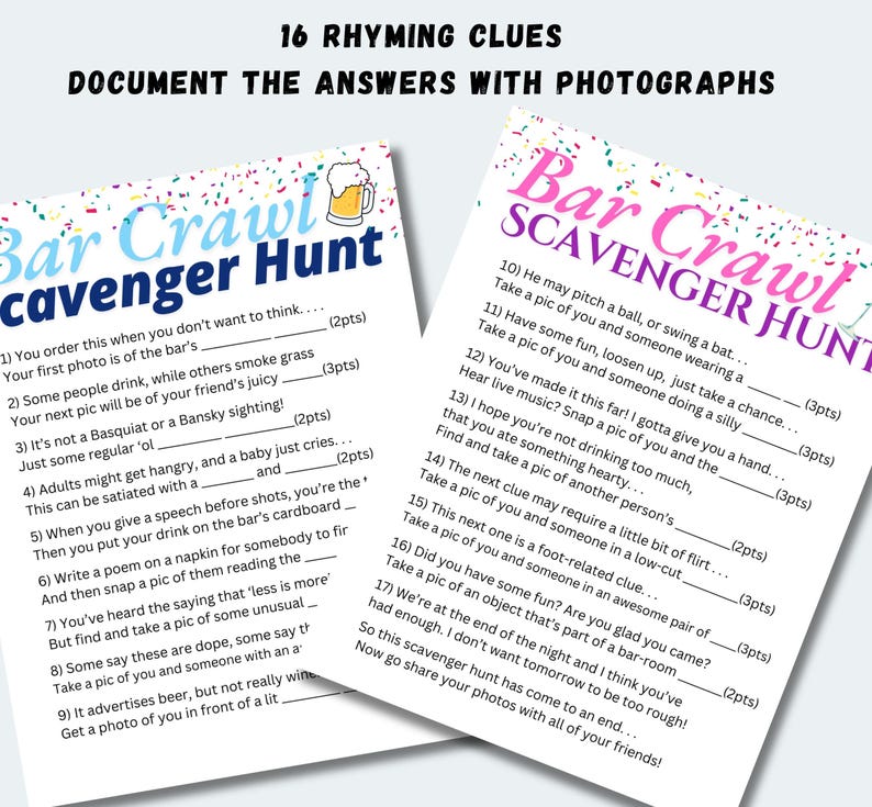 Bar Crawl Scavenger Hunt: Rhyming Clues, Adult Party Game (digital ...