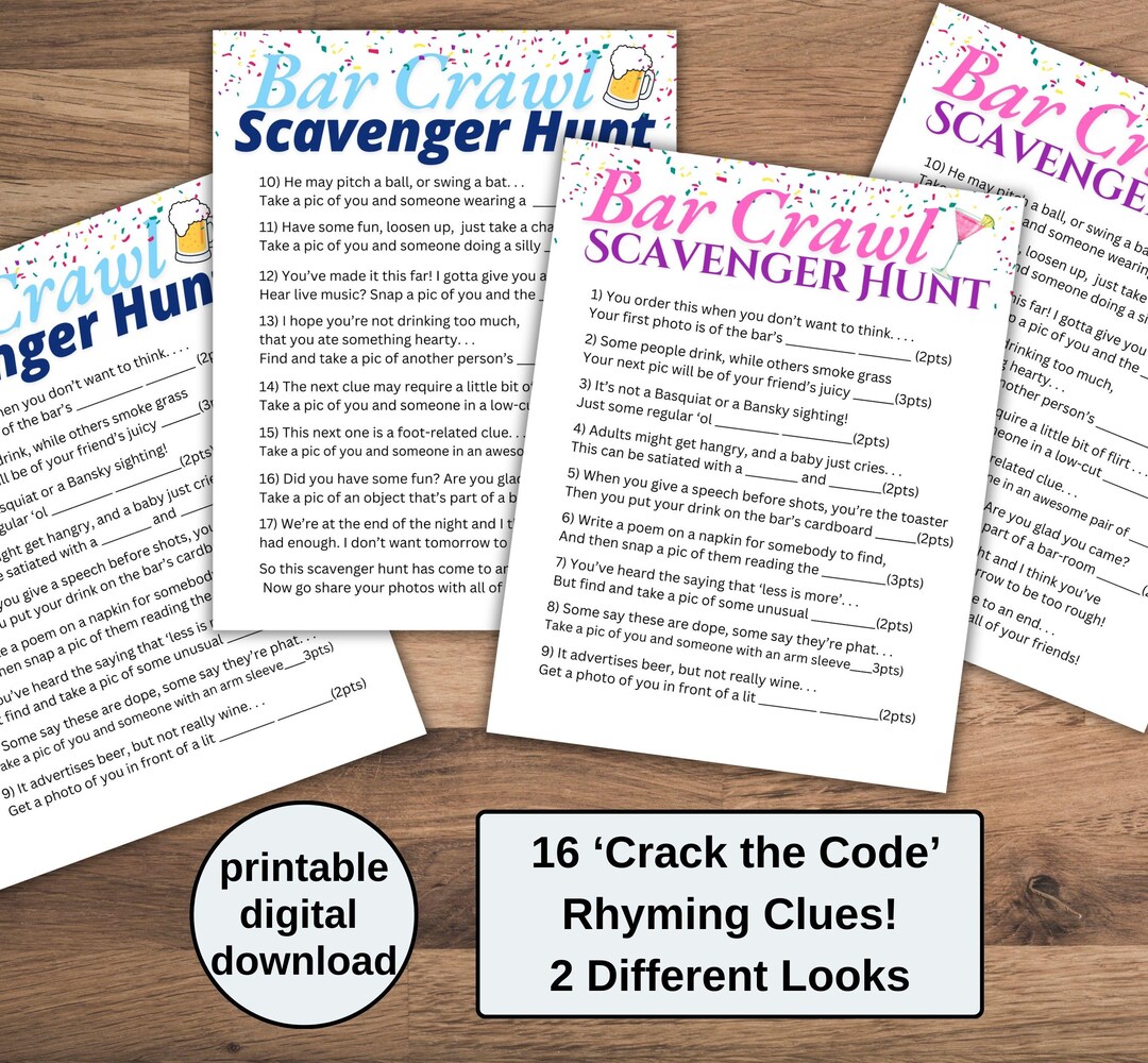 Bar Crawl Scavenger Hunt: Rhyming Clues (printable Digital Download) - Etsy