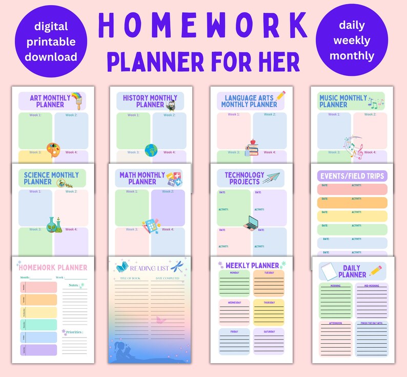 Homework Planner - Daily, Weekly, and Monthly Academic Planner ...