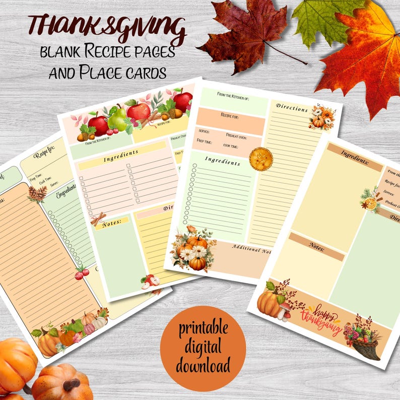 Thanksgiving Recipe Pages & Place Cards: Printable Autumn Planner ...