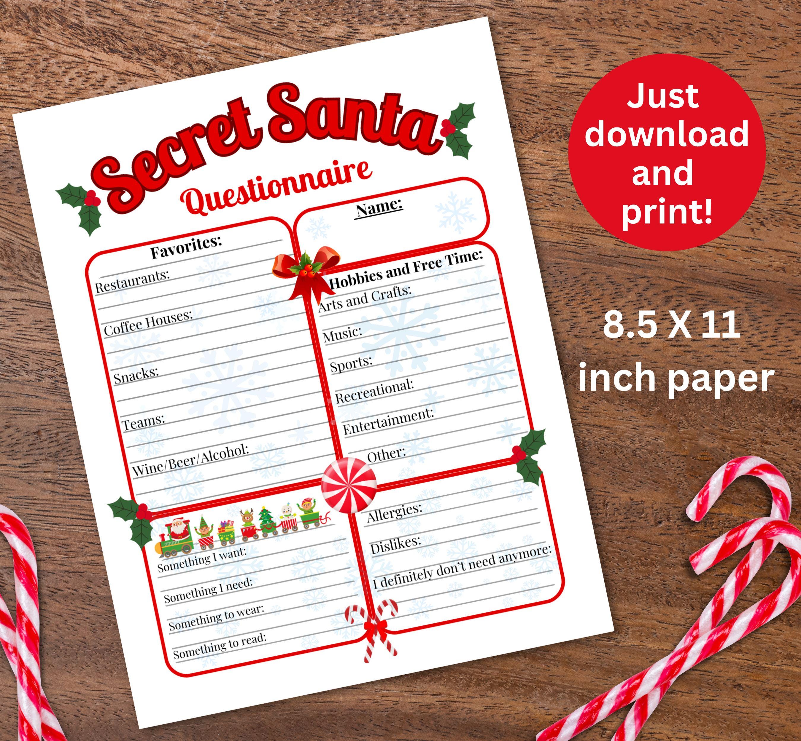 Secret Santa Questionnaire Printable: Gift Exchange Survey (PDF) - Etsy