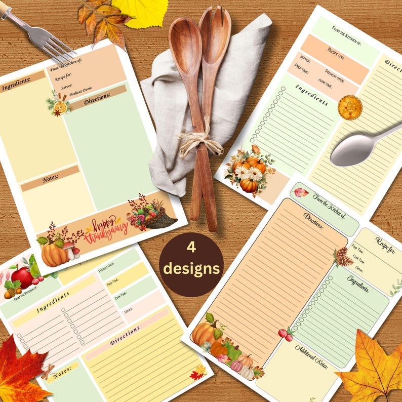 Thanksgiving Recipe Pages & Place Cards: Printable Autumn Planner ...