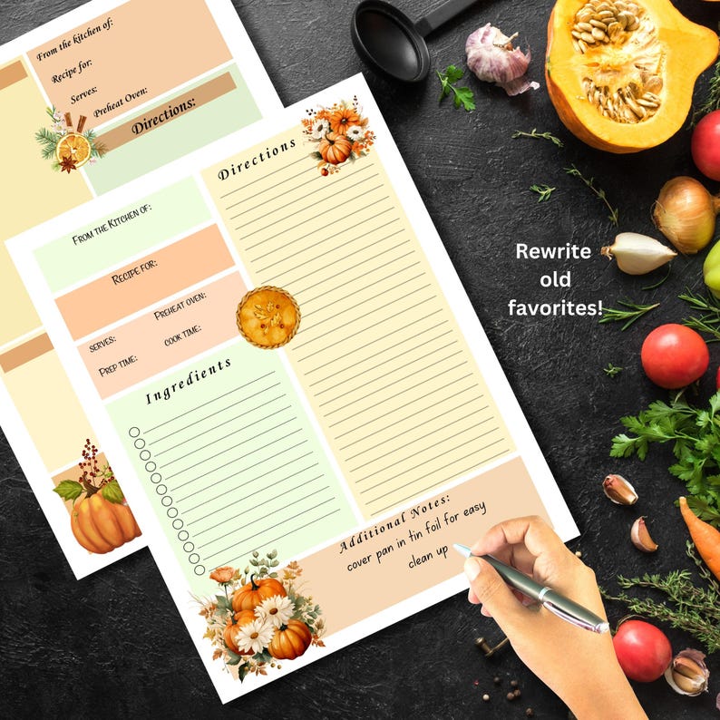 Thanksgiving Recipe Pages & Place Cards: Printable Autumn Planner ...